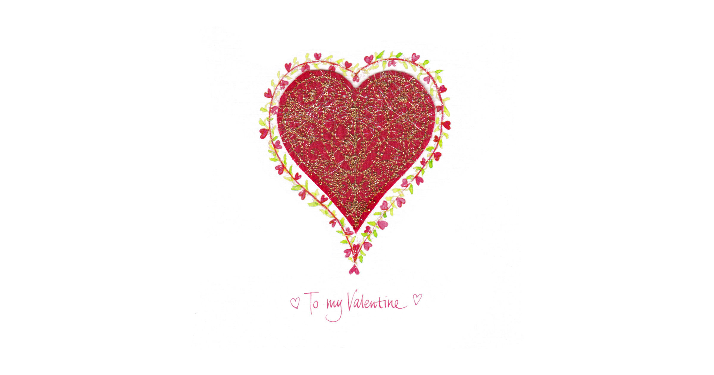 An embroidered illustration of a heart made with a tracery of golden ...